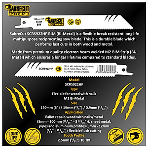 10 x SabreCut SCRS922HF_10 5 15/16" (150mm) 10 TPI S922HF Fast Wood and Metal Cutting Reciprocating Sabre Saw Blades Compatible with Bosch Dewalt Makita and many others