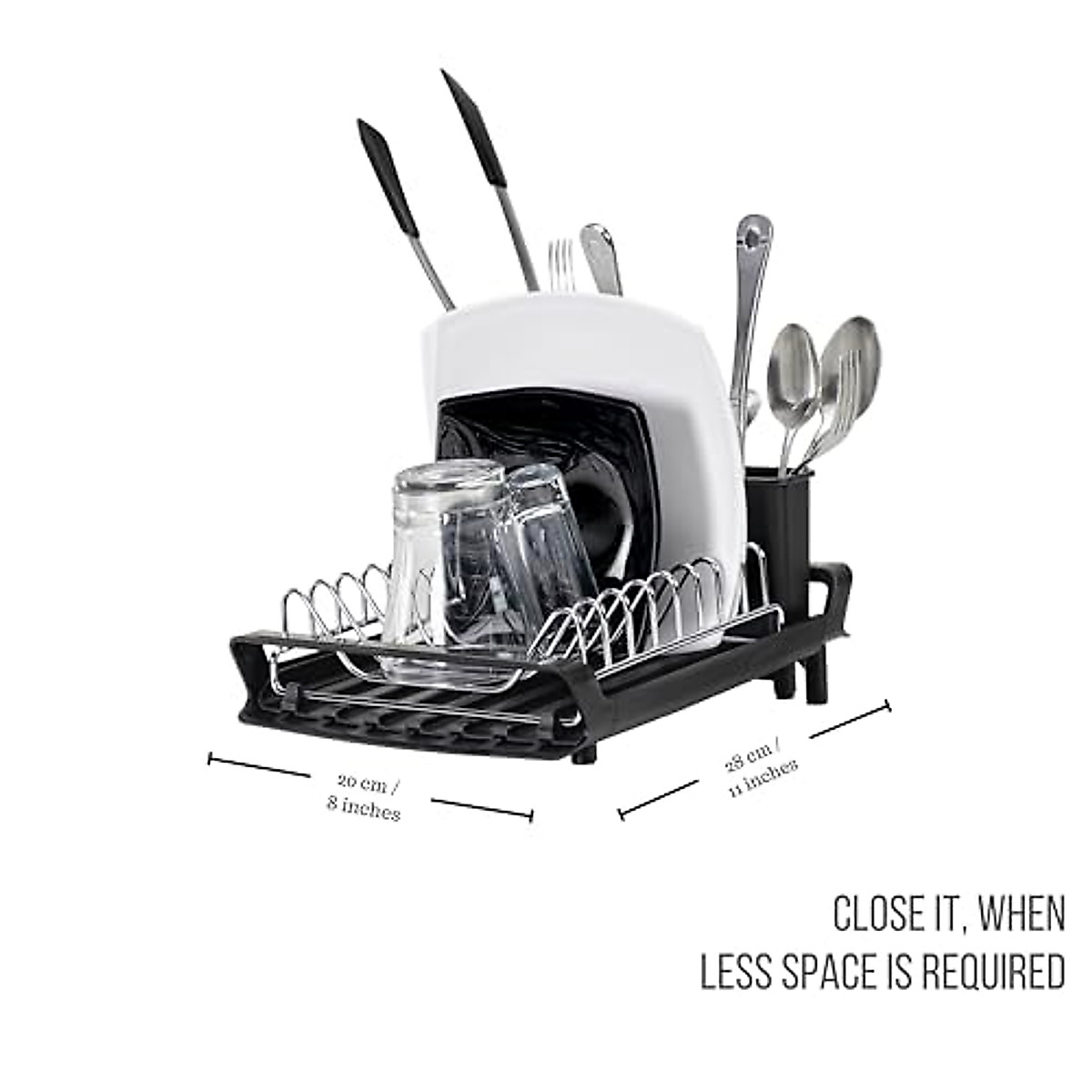 Erreke Small Dish Drying Rack, Compact Dish Drying Rack, Small Dish Rack, Drains into Sink, Non-Slip Feet, Expandable Adjustable Size 11x8 inches (Black)