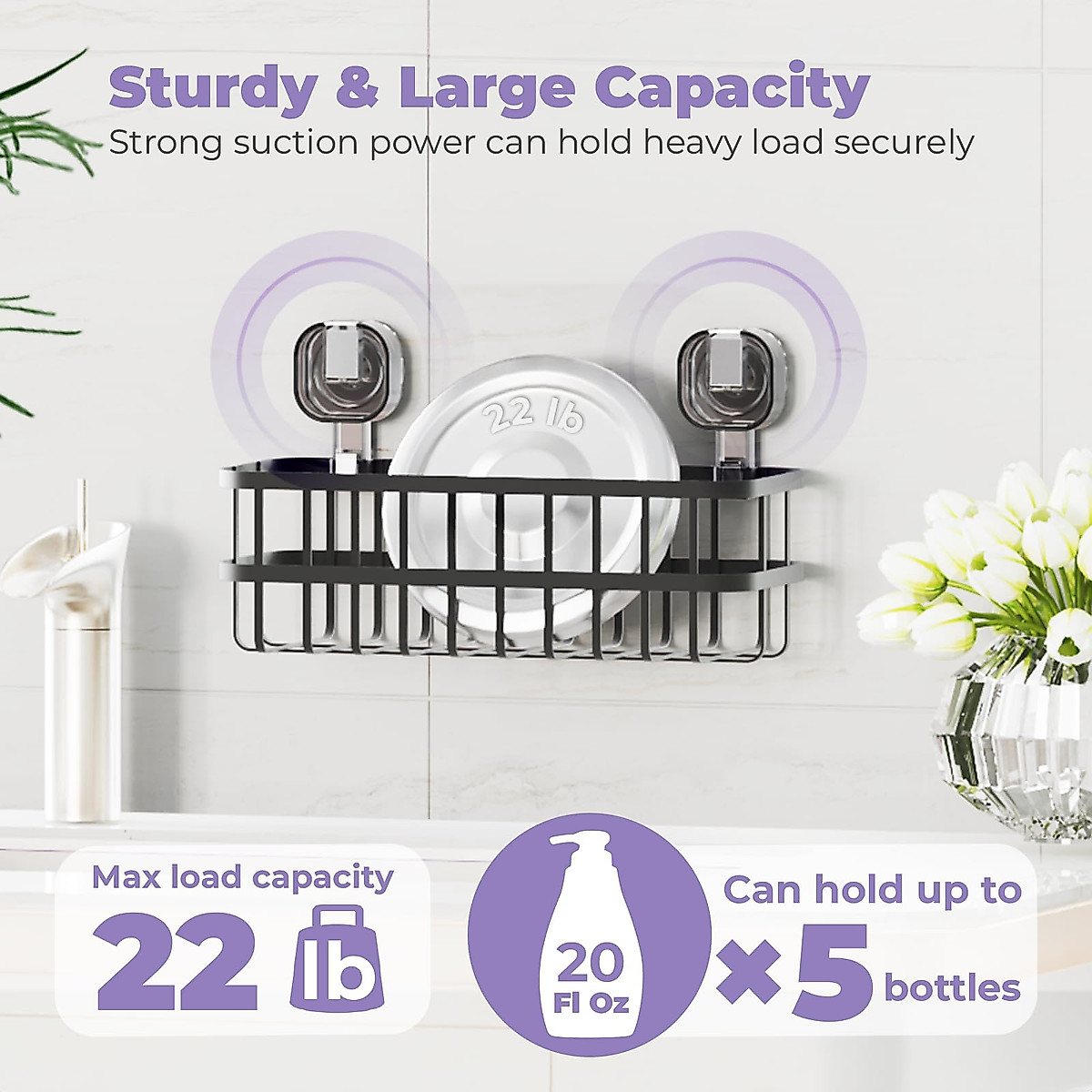 KariKaddy Shower Caddy Suction Cup 2 Pack, No Drilling Removable Shower Shelf, Heavy Duty Bathroom Shower Storage, Black Large&Small Shower Organizer Suction Rustproof, For Bathroom and Kitchen