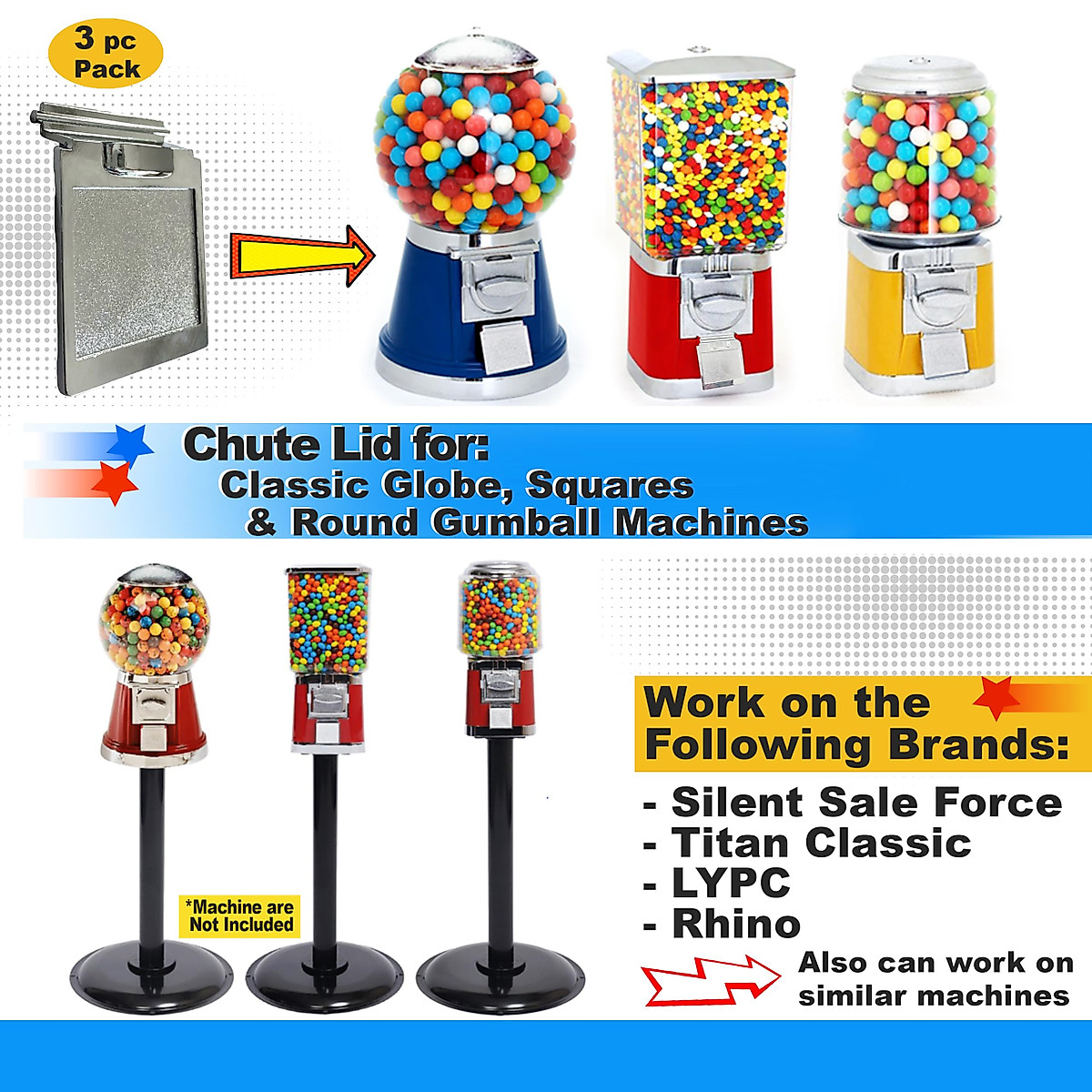 Gumball Machine Chute Lid - Classic Gumball Machine Shute lid or Gum Flap for Gumball and Toy Capsules Vending Machines. 3pc Pack - Replacement Part