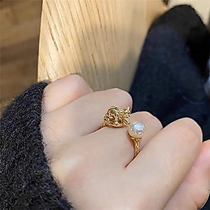 CCijiNG Christmas Pearl Ring for Women 14K Gold Plated Adjustable Open Wrap Ring Fashion Eternity Statement Jewelry for Christmas Gift（Cat Pearl）