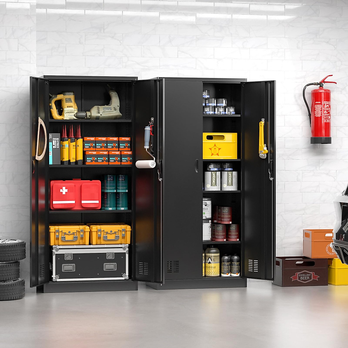 Metal Garage Storage Cabinet, Locking Garage Tool Cabinet, 71"Tall Steel Storage Cabinets with Doors and Adjustable Shelves, Locker Black Metal Tool Cabinets for Garage, Home Office, Assembly Required