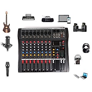 RibasuBB 8 Channel Audio Mixer, Professional Audio Mixer Sound Board Console System Interface 8 Channel with MP3 Player+USB Bluetooth 48V Phantom Power Source Usb Power Stereo DJ Studio Streaming