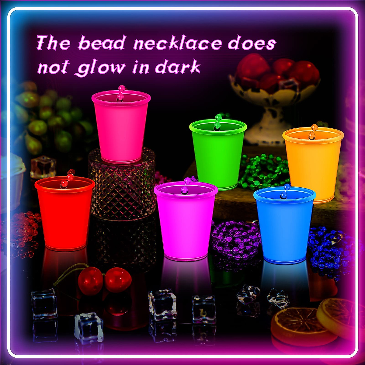 Sureio 12 Pieces Glow in the Dark Necklace Shot Glass Necklaces Glowing Neon Beaded Necklace Light up Cup Shaped for Weddings BBQ Beach Holidays Birthday Bachelorette Neon Party Supplies, 6 Colors