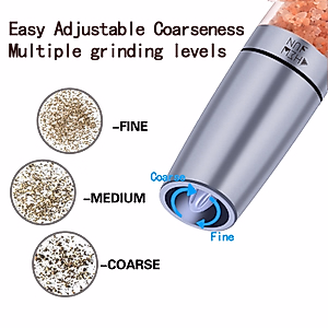 Gravity Salt and Pepper Grinder Set with Adjustable Coarseness Automatic Pepper and Salt Mill Set Battery Powered with Blue LED Light,One Hand Operated,Brushed Stainless Steel by CHEW FUN