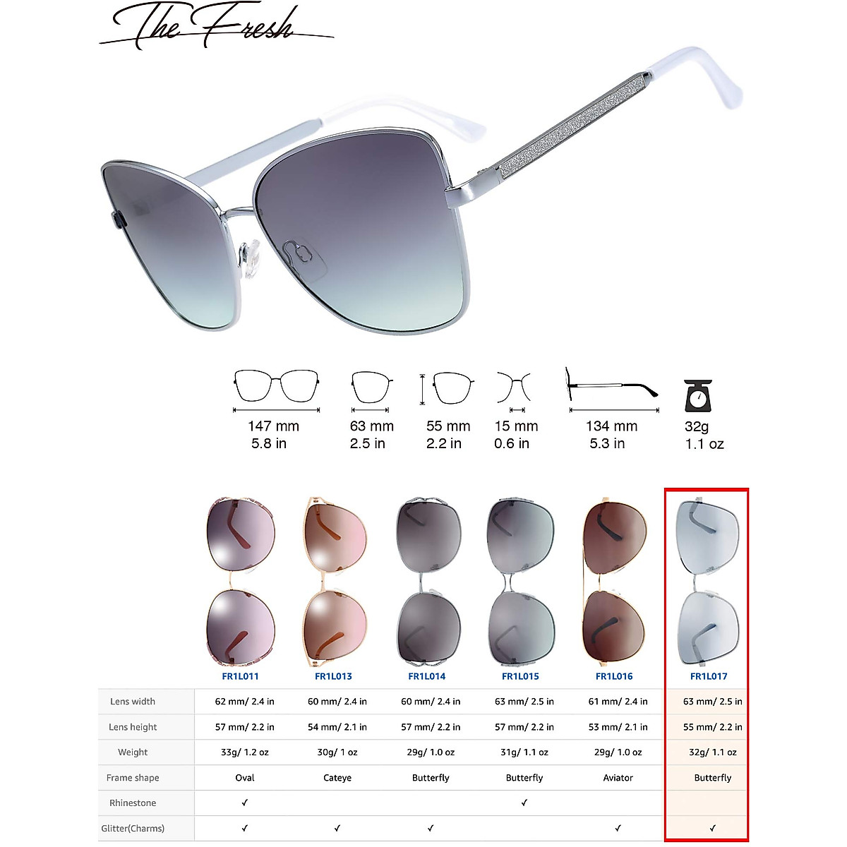 The Fresh Classic Crystal Elegant Women Beauty Design Sunglasses Gift Box (L175-Silver, Grey/Green)