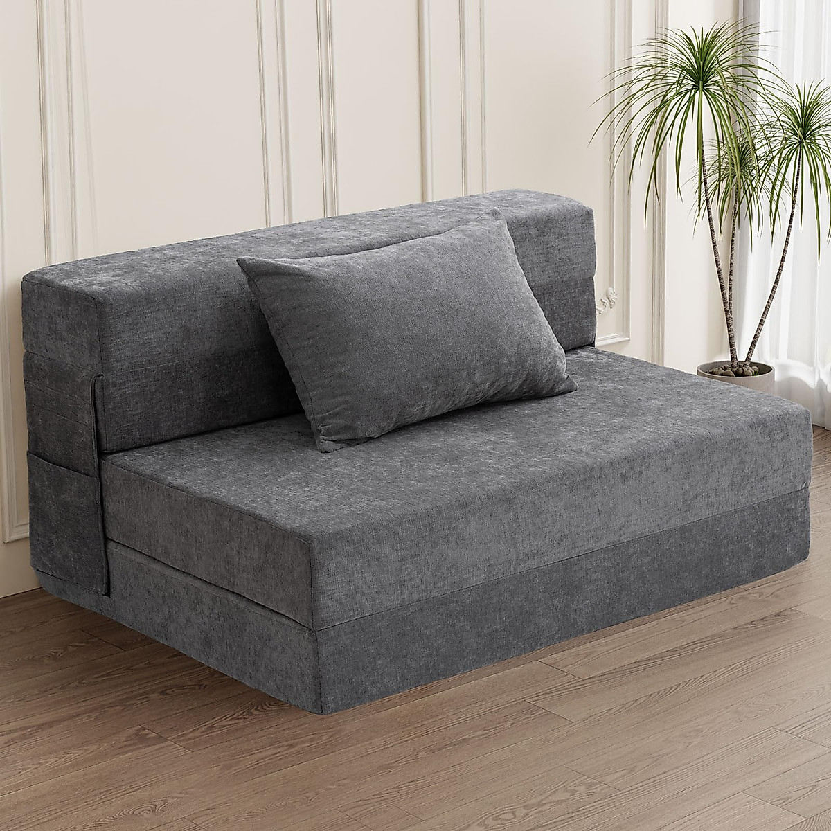 HOMFINE Folding Sofa Bed - Convertible Sleeper Chair with Pillow, Fold Out Couch, Foam Floor Mattress, Futon Couch, Lazy Sofa for Living Room/Dorm/Guest Room/Home Office, Twin, Gray