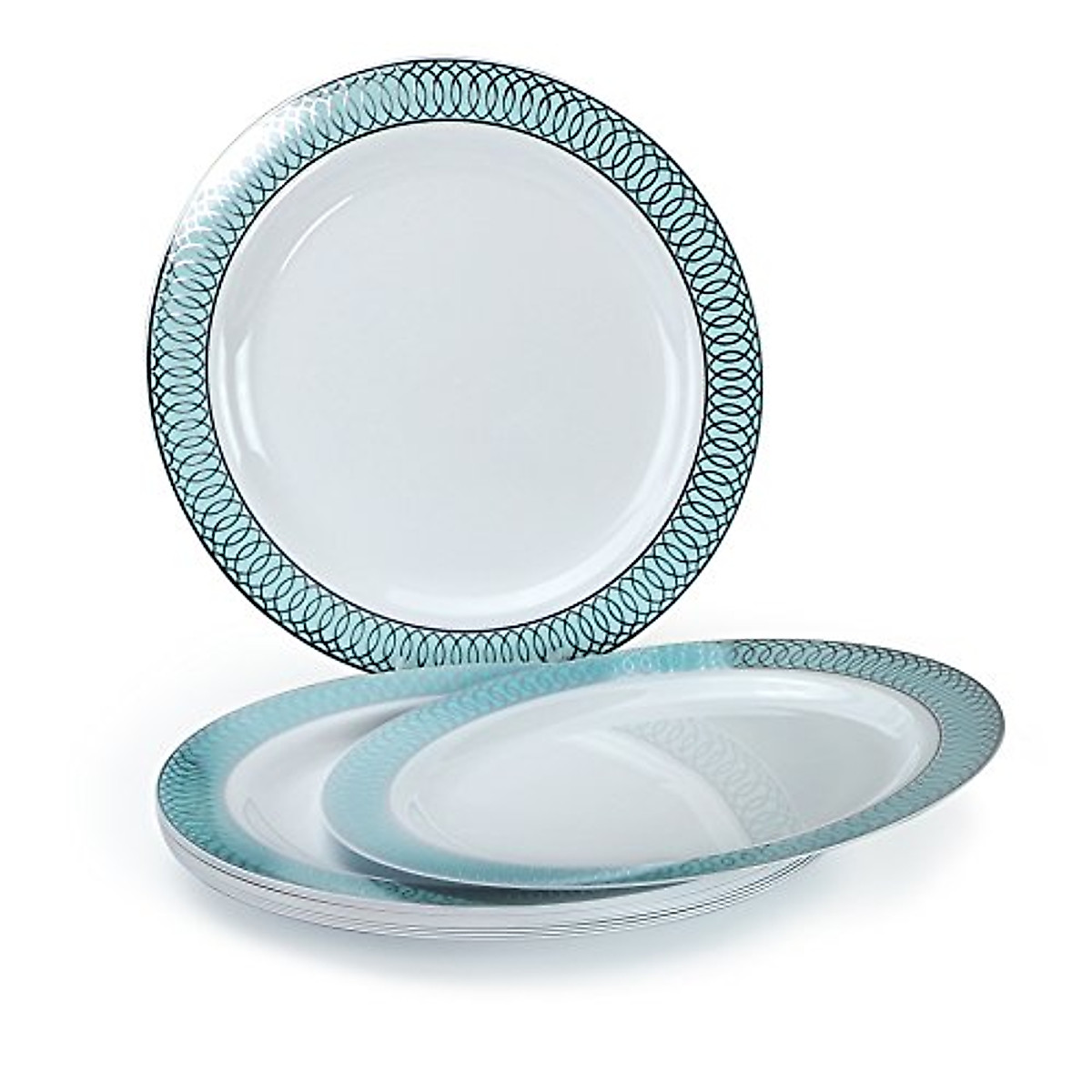" OCCASIONS " 50 Plates Pack (25 Guests)-Heavyweight Wedding Party Disposable Plastic Plate Set -25x10.5'' Dinner+25x7.5'' Salad/dessert plates (Venice in White/Blue & Silver)