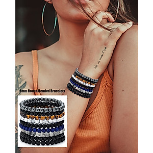 BOMAIL 9pcs Gemstone Beaded Bracelets for Men Women 6mm Round Beads Bracelets Set SemiPrecious Gemstone Beads Bracelets Matte Lava Rock Volcanic Tiger Eye Stone Yoga Healing Energy Crystal Stretch