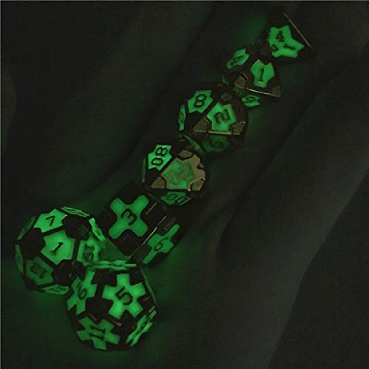 Metal DND Dice Set for Dungeons and Dragons Role Playing Games Tabletop Die (Model B Golden Green Luminous)