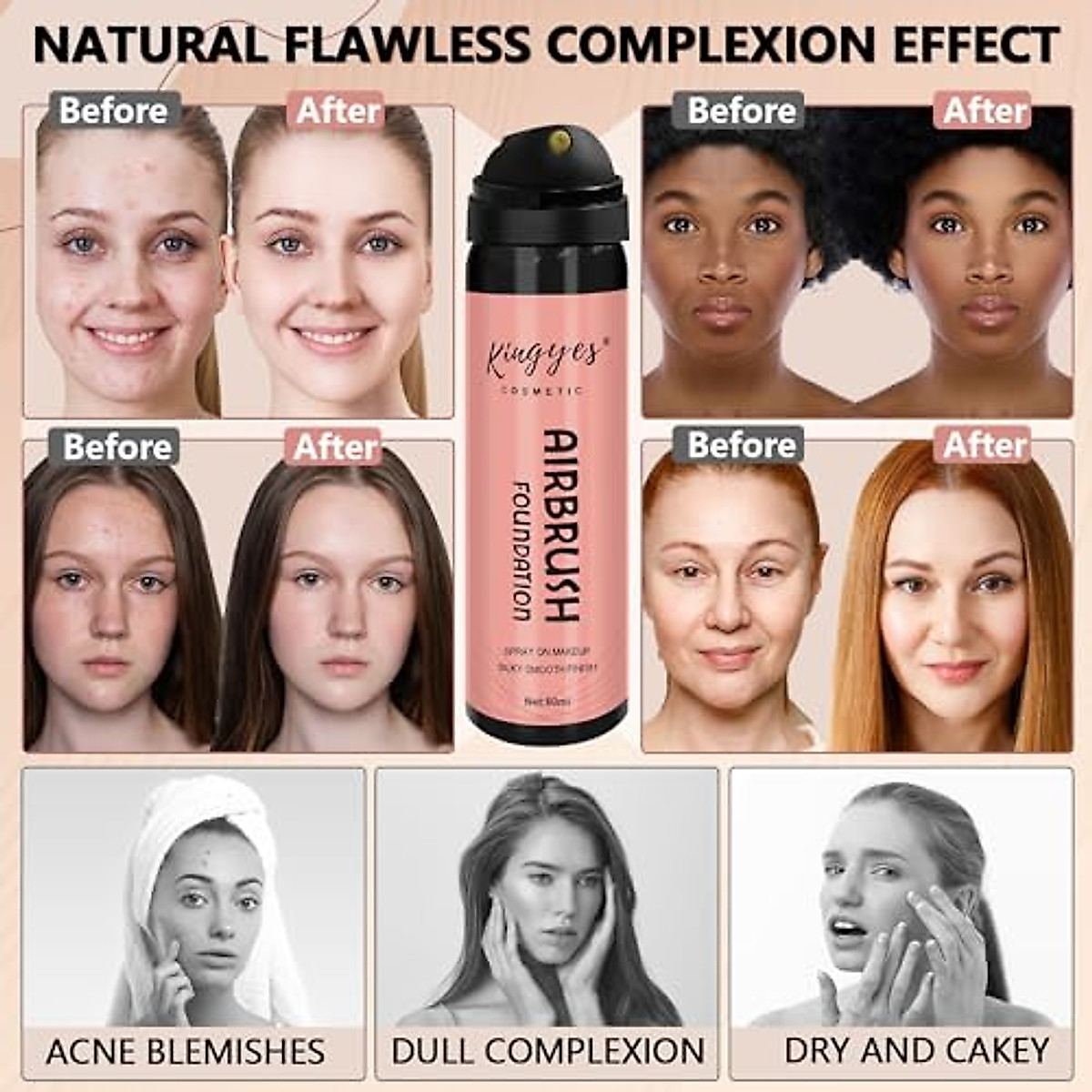 JCOOS Airbrush Foundation, Silk Airbrush Spray Foundation Full Coverage Foundation Makeup Primer Face Matte Foundation Kit Setting Powder, Foundation Brush, Natural Finish Lightweight Christmas Gifts