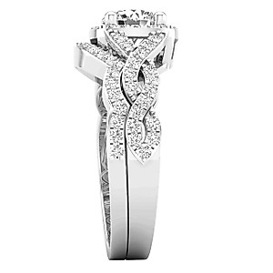 Dazzlingrock Collection 5.8 mm Round Lab Created White Sapphire & Natural White Diamond Women Twisted Style Halo Wedding Ring Set, Sterling Silver, Size 7