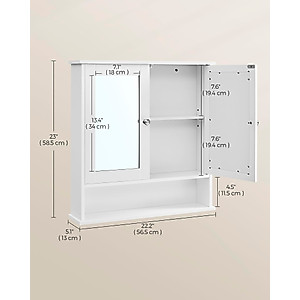 VASAGLE Bathroom Cabinet with Mirror, Wall Cabinet with 2 Mirrored Doors, Adjustable Shelf, Open Compartment, Wall-Mounted, 5.1 x 22.2 x 23 Inches, White ULHC002