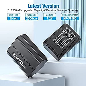 Powerextra Replace for Sony NP-FZ100 Battery and LCD Triple Charger for Firmware 2.0 Sony Alpha A7 III, A7R III, A9, Sony Alpha 9, A7R3, a6600, a7R IV, Alpha a9 II, Alpha 9R, A9R, Alpha 9S Camera