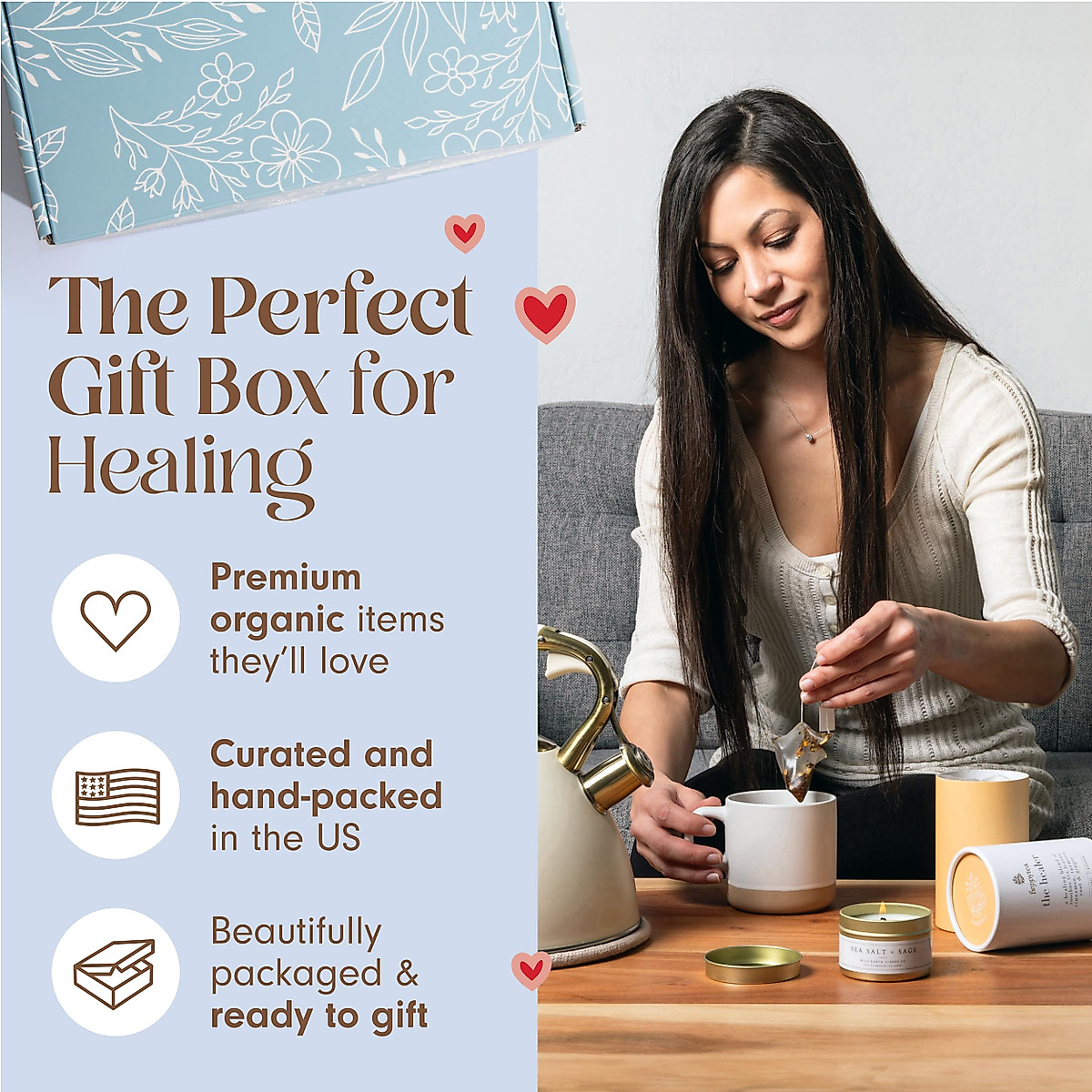 Unboxme Get Well Gift Box - USDA Organic Get Well Soon Self Care Package for Women | Fluffy Socks, Mug, Lemon & Ginger Tea Set, Sea Salt, Sage Scented Candle, Sending Hugs Card | Feel Better Basket