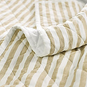 SHALALA King Size Quilt Sets,Kahki and White Striped Quilt Bedding Set,Soft Microfiber Bedspread and Coverlet with 2 Decorative Pillowsfor All Season (King,5pcs,106inches x 96inches)