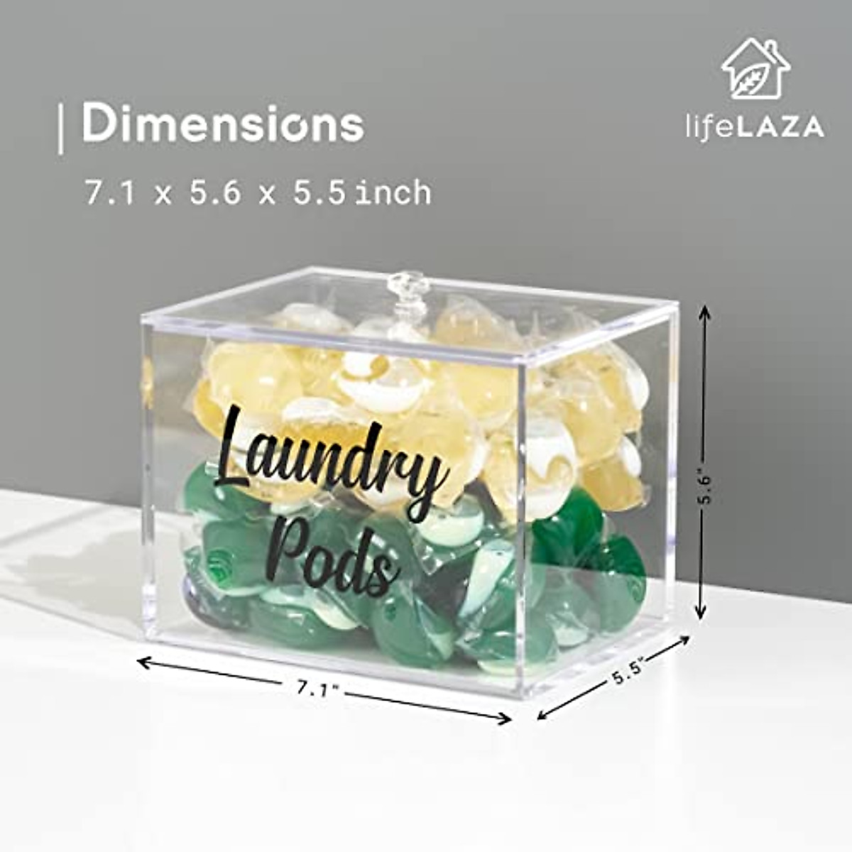 LifeLAZA Acrylic Laundry Pods Container with Lid, Clear Holder For Tide Pod, Laundry Detergent Capsules Storage, Dispenser Jar Box Organization for Laundry Room Decor (Black Font)
