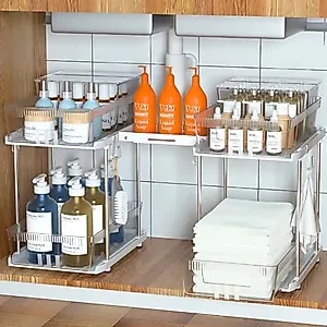 2 Tier Under Sink Organizers with Dividers and Lids, Snack Organizer for Pantry, Kitchen, Vanity, Medicine Drawer Storage (Adjustable)