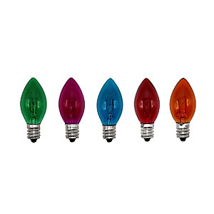 Creative Hobbies 25 Pack C7 Transparent Multicolor Christmas Light Bulbs - 7W Steady Burning Incandescent, Nickel Plated Candelabra Base, Extended Life