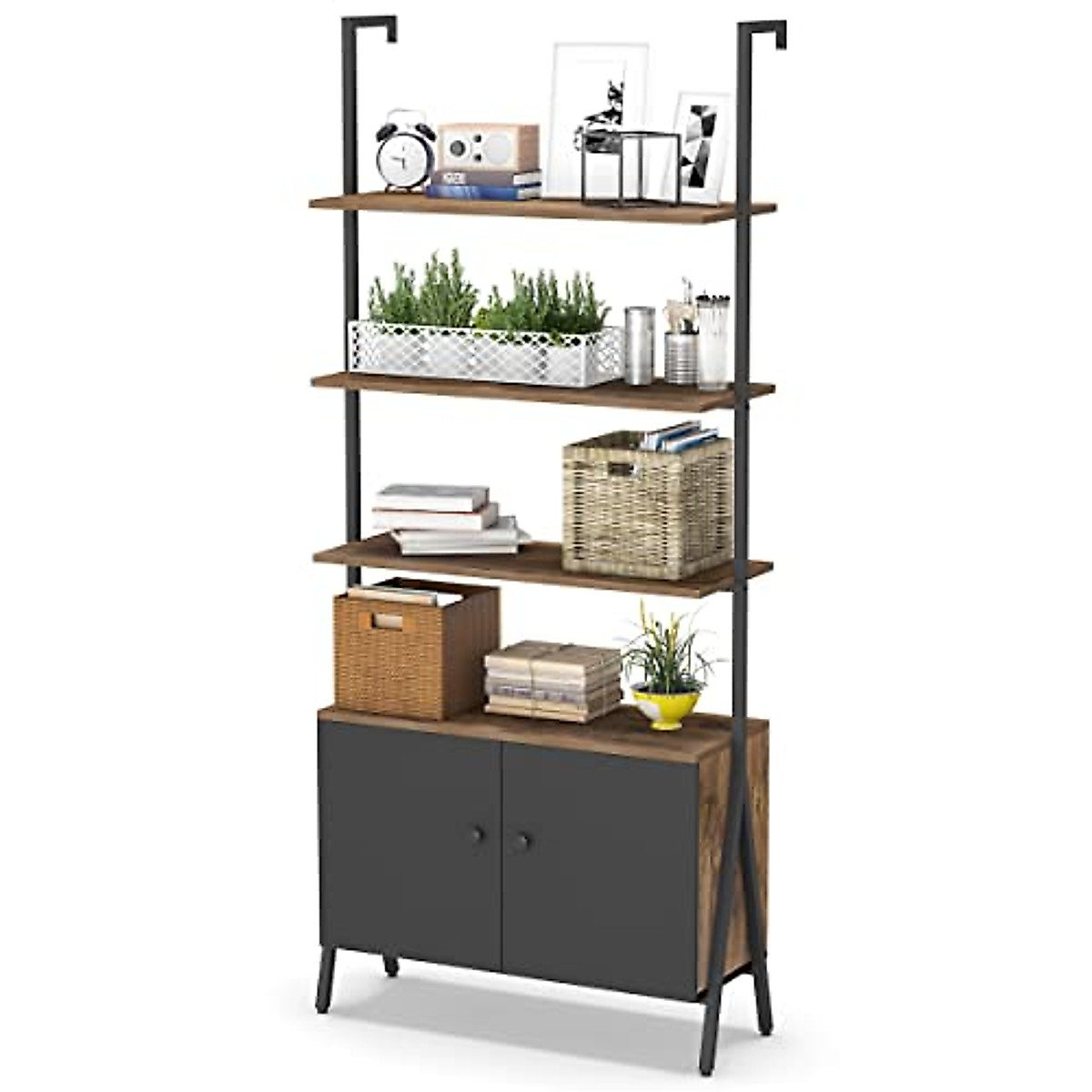 Usinso Wood Metal Ladder Bookshelf, Industrial 4-Tier Black Bookcase with Wide Storage Cabinet, Rutic Brown and Black Bookshelf for Living Room, Shelves for Storage Bedroom, 30L x 13W x 70H Inch