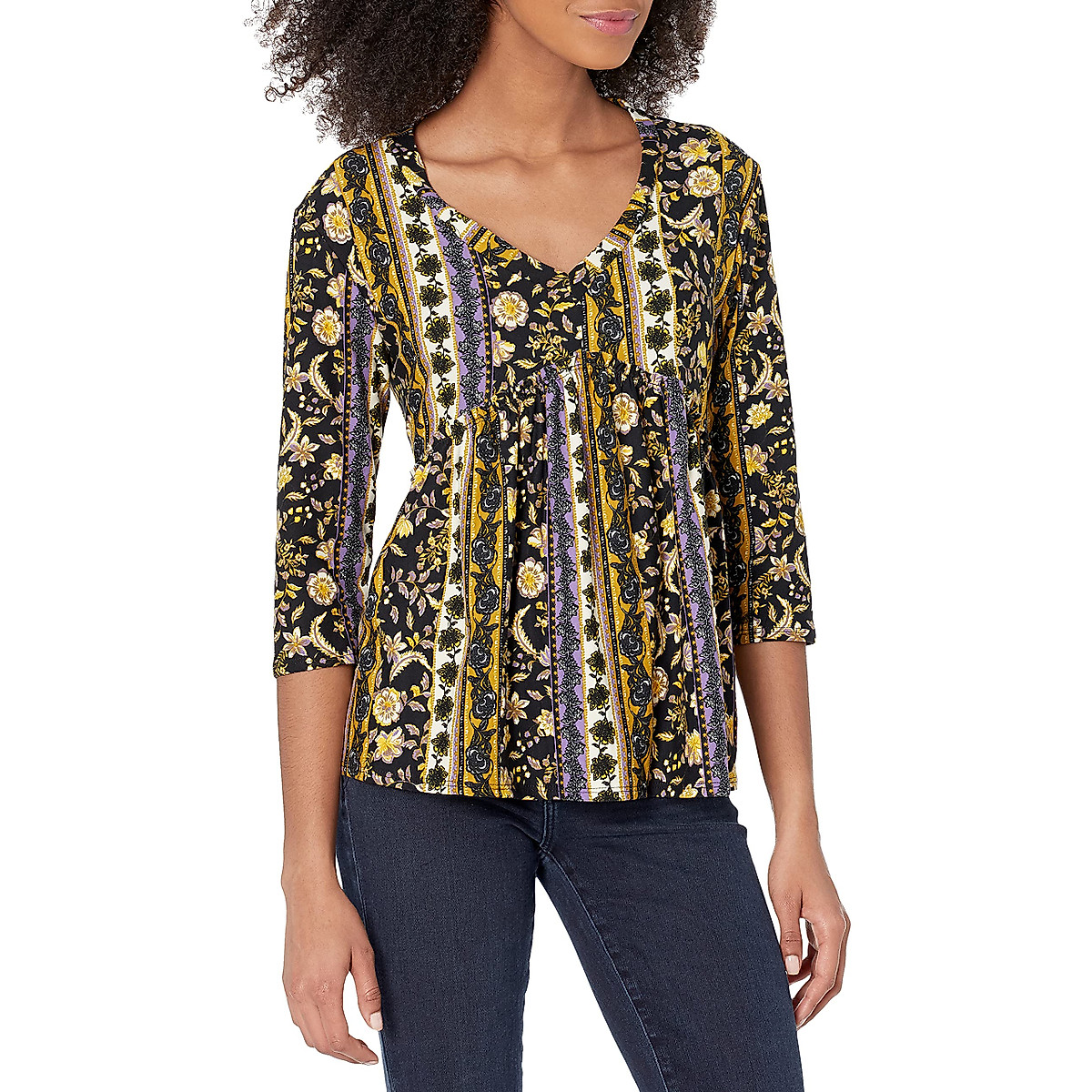 Star Vixen Women's 3/4 Sleeve Babydoll Top with V Neck, Black Mustard Wallpaper, S