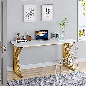 LITTLE TREE 55’’ Large Modern Computer Desk, White & Gold Luxury Laptop PC Student Table, Makeup Vanity Table with Thick Frame & Strong Legs, Sturdy Writing Workstation for Home & Office