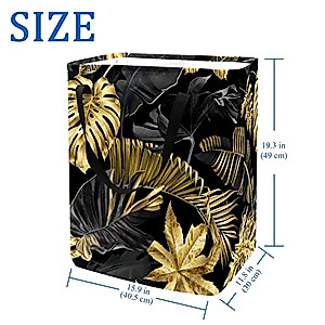Glod Color Leave Print Collapsible Laundry Hamper, 60L Waterproof Laundry Baskets Washing Bin Clothes Toys Storage for Dorm Bathroom Bedroom