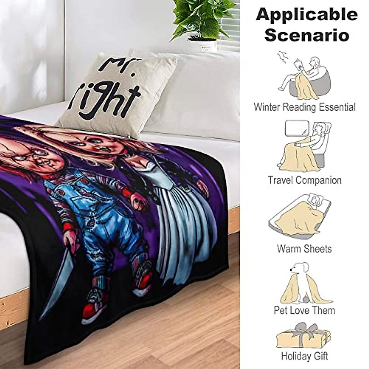 Chucky Flannel Blanket Air Conditioner Blanket Horror Movie Lightweight Soft Throw Blanket for Couch Bed Sofa 50"x60"