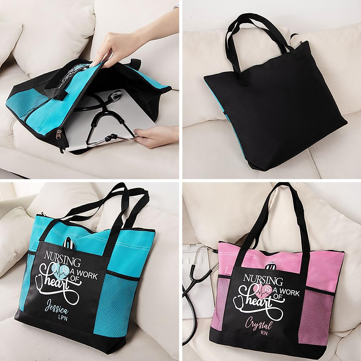 callie Personalized Nurse Tote Bag for Women, Nursing Is A Work of Heart Bags with Zipper, Nurse Appreciation Gift Nurse Week Gift