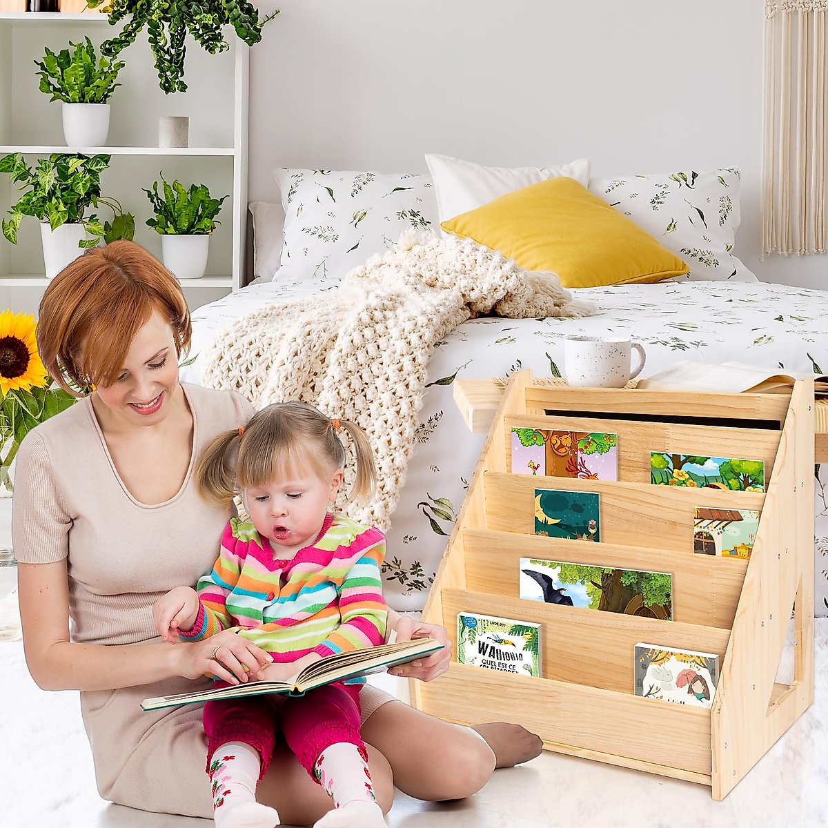 GENMOUS Montessori Bookshelf for Kids Room, Wooden Toddler Bookshelf with Chalkboard, Front-Facing Kids Bookshelf with Handle, Baby Book Shelf Bookcase for Nursery Playroom Classroom Reading Nook