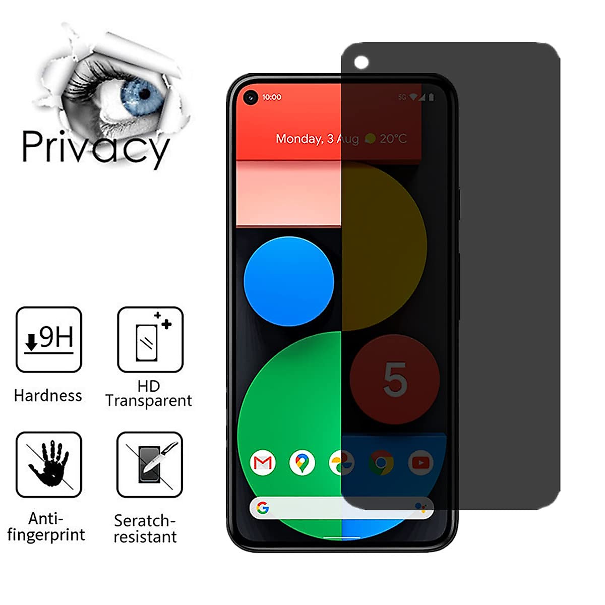 AISELAN for Google Pixel 5 Privacy Tempered Glass, [2 Pcs] Anti-Spy Anti-Scratch Anti-Peeping Privacy Screen Protector Proteceive Film for Google Pixel 5