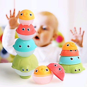 MoraBaby Baby Bath Stacking Toys with Organizer Bag, 8 Stacking Cup Toys, 4 Stack Up Squirts Animal Balls and 1 Floating Blue Octopus, Bath Time Fun Splash Toys, Gifts for Toddler 1-3 Years