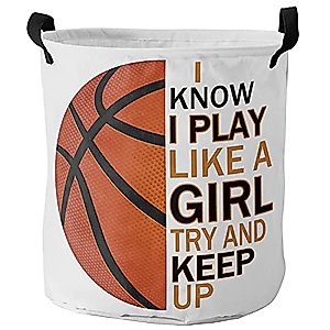 Laundry Hamper, Basketball I Know I Play Like A Girl Try And Keep Up Text Freestanding Collapsible Clothes Hamper with Handles Water Repalent Storage Basket for Clothes Toys 16.5"x17"