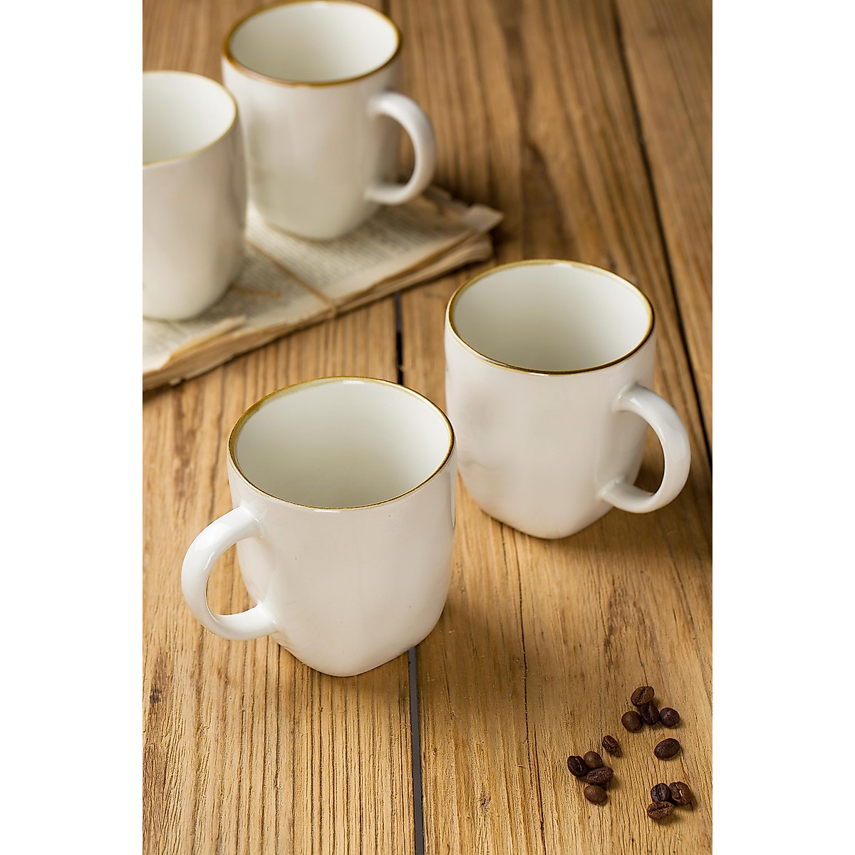 famiware Coffee Mugs Set of 4, Ocean Square 13oz Coffee Cup Set with Handle for Cocoa, Milk, Hot Chocolate, Tea, Water, Stoneware Cups for Kitchen, Microwave and Dishwasher Safe, Vanilla White