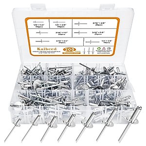 200PCS Pop Rivets Assortment Kit, Kaibced Large Flange Aluminum Rivets(1/8" 3/16" 1/4") Assorted Blind Rivets with Case (Black)