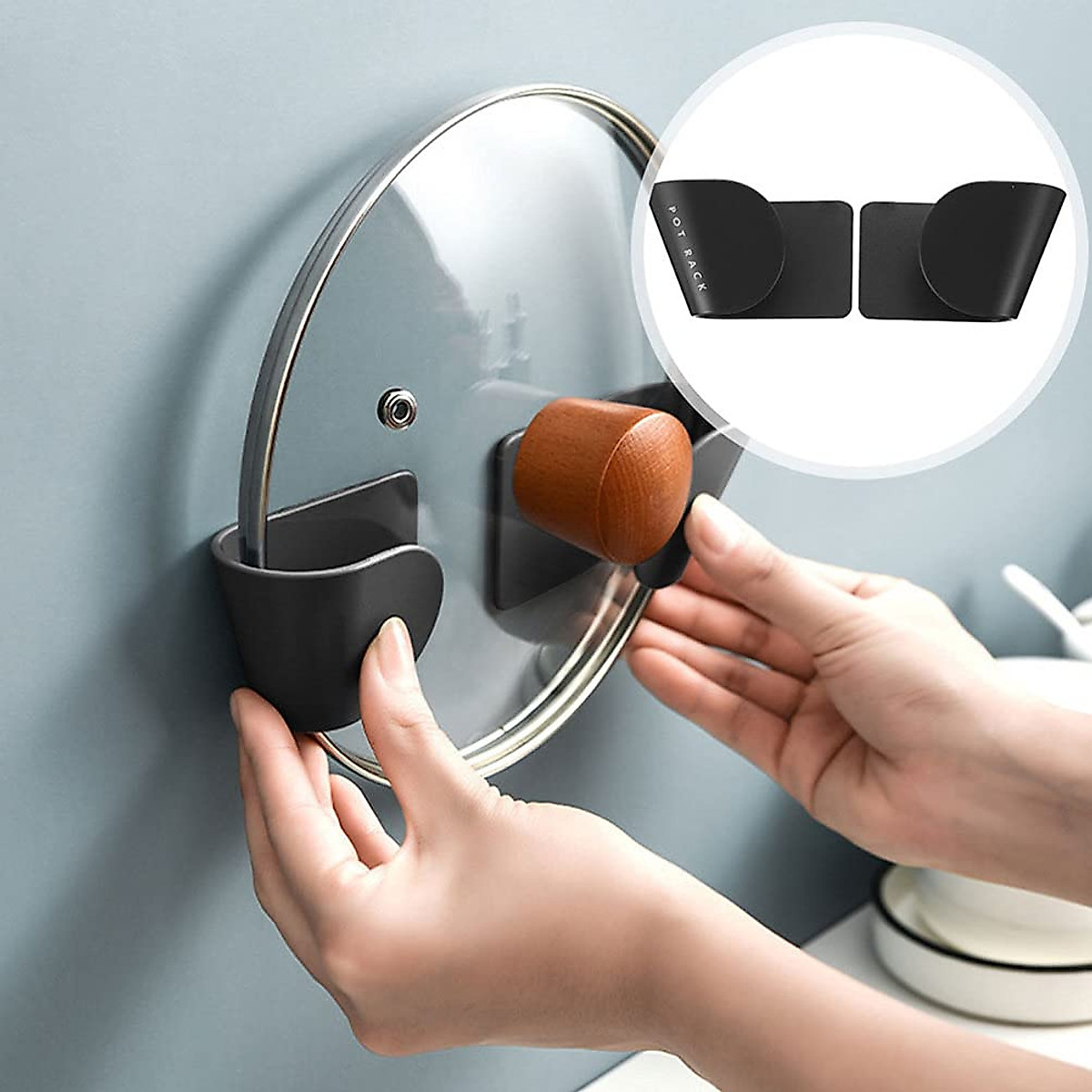 Hemoton 2 Pair Black Wall Pot Lid Holder Wall Door Mounted Pan Lid Cover Hanger Rack Multifunctional Kitchen Utensil Cutting Board Organizer for Home Kitchen