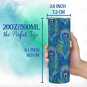Onebttl Peacock Skinny Tumbler Gifts For Women, Female and Her - Peacock Feather - 20oz/590ml Stainless Steel Insulated Tumbler with Straw, Lid - Gift for Peacock Lovers