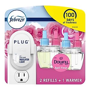 Febreze Air Freshener Plug In, Wall Diffuser, Plug in Air Fresheners for home, Downy April Fresh Scent, Odor Fighter for Strong Odors, 1 Warmer + 2 Oil Refills