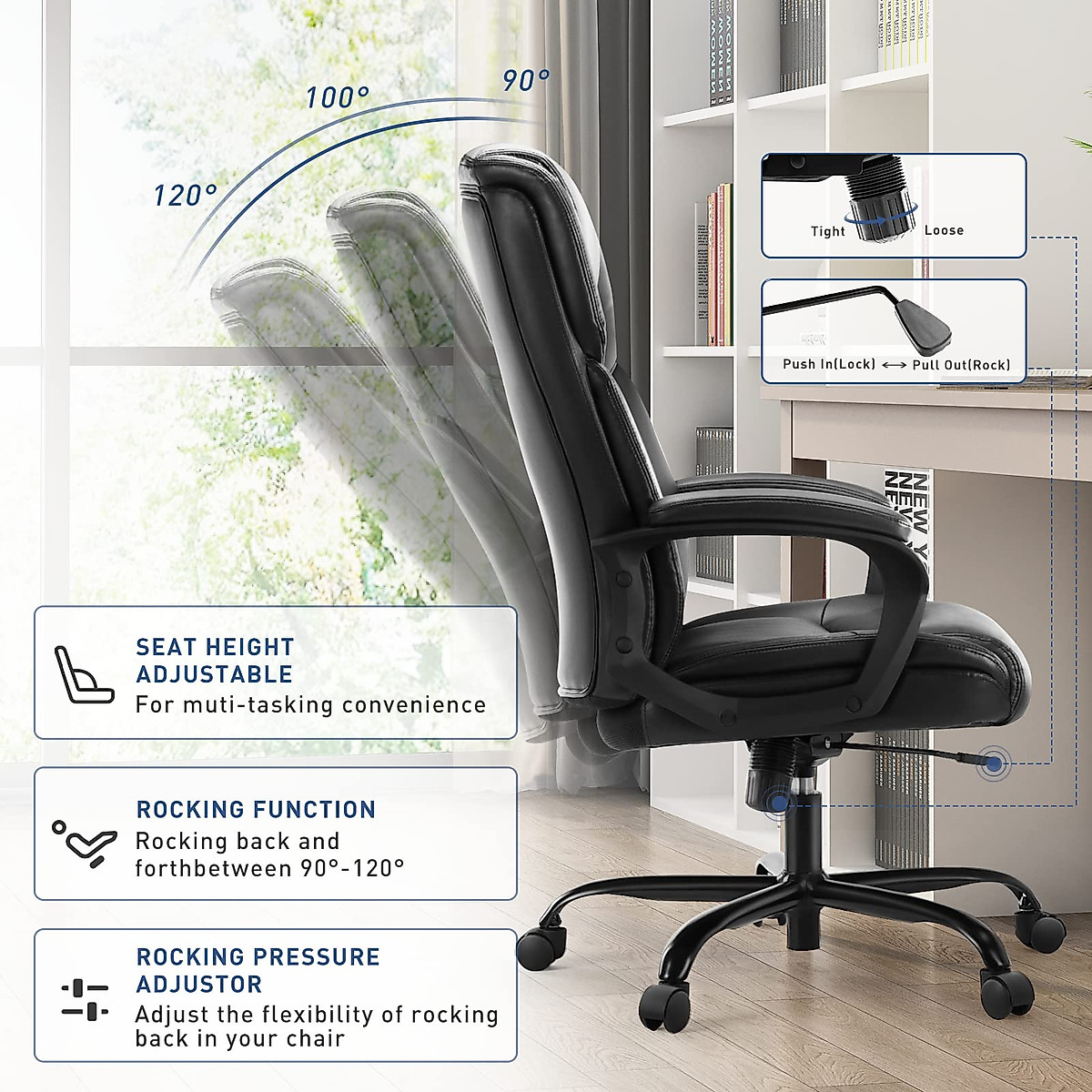 Executive Office Chair - Ergonomic Big and Tall Home Computer Desk Chair with Lumbar Support, PU Leather, High Back , Adjustable Height & Swivel