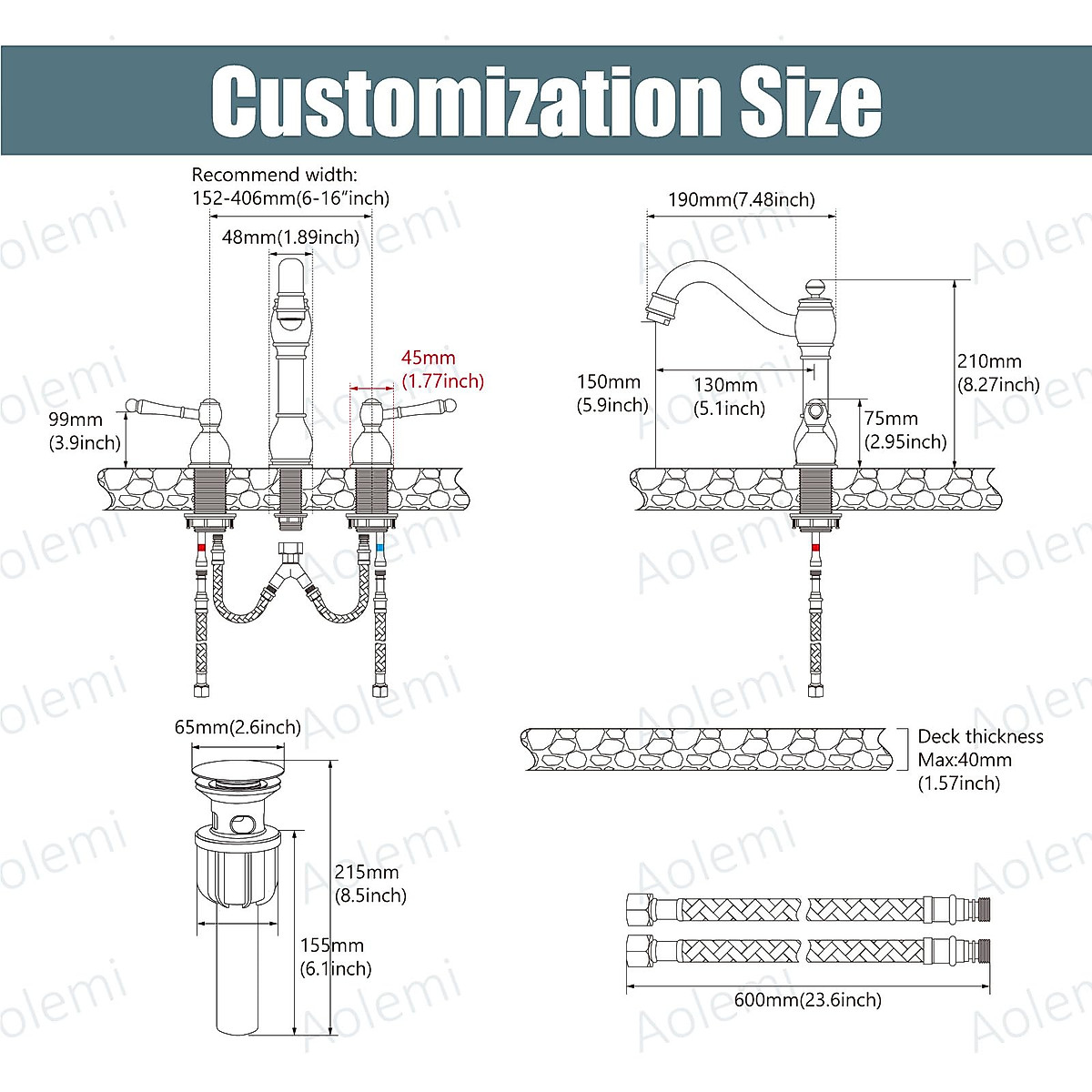 Aolemi 8 Inch Oil Rubbed Bronze Widespread Bathroom Sink Faucet Double Lever Handle 3 Holes Vanity Basin Mixer Tap Deck Mount with Pop Up Drain Assembly