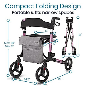 Vive Mobility Rollator Walker - Folding 4 Wheel Medical Rolling Walker with Seat & Bag - Mobility Aid for Adult, Senior, Elderly & Handicap - Aluminum Transport Chair (Pink)