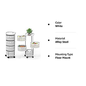 Rotating Storage Shelves Rack for Kitchen, 4-Tier Multi Layer Removable Basket Shelf Organizer on Rolling Wheels for Fruit Vegetable Grocery Corns Potato Onion (4-Tier , White)