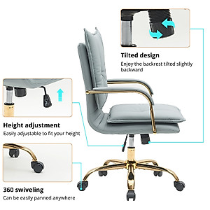 DRKAT Leather Home Office Desk Chairs Comfy Office Chair, Mid-Back Adjustable Swivel Computer Chair with Golden Legs and Arms, Modern Upholstered Task Chair with Wheels, Sage