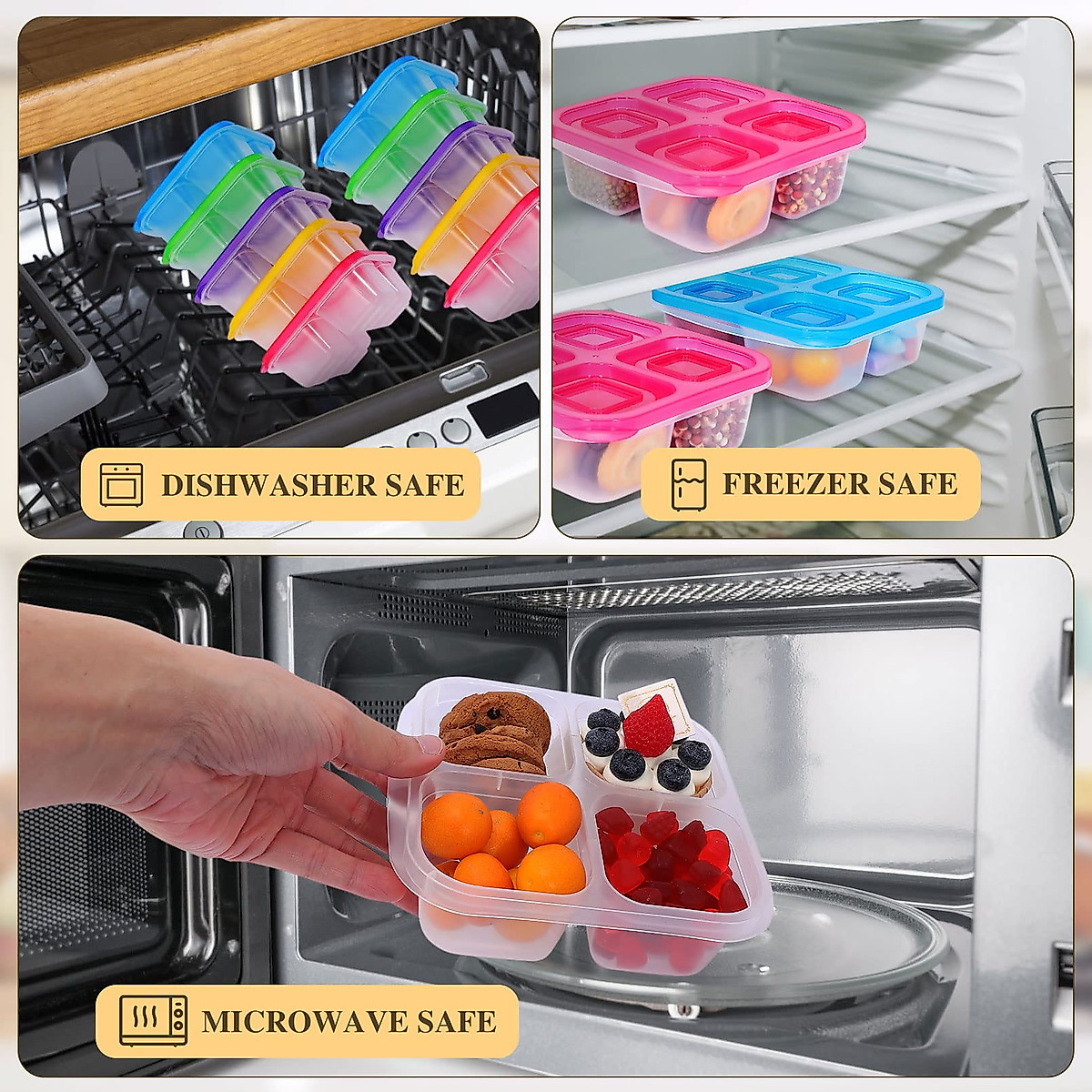 Zebbtne 5Pack Bento Snack Boxes,4 Compartment Snack Containers,Reusable Divided Meal Prep Container for Adults,Bento Snack Food Containers with Lids for Work Travel Picnic,5 Classic Colors