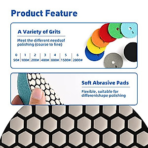 iMetrx 8Pack Diamond Polishing Pads 4 inch Dry (7pcs, Grits 50#-2000#) and Backer Pad (1Set) Concrete Diamond Sanding Discs Marble Granite Stone polishing kit