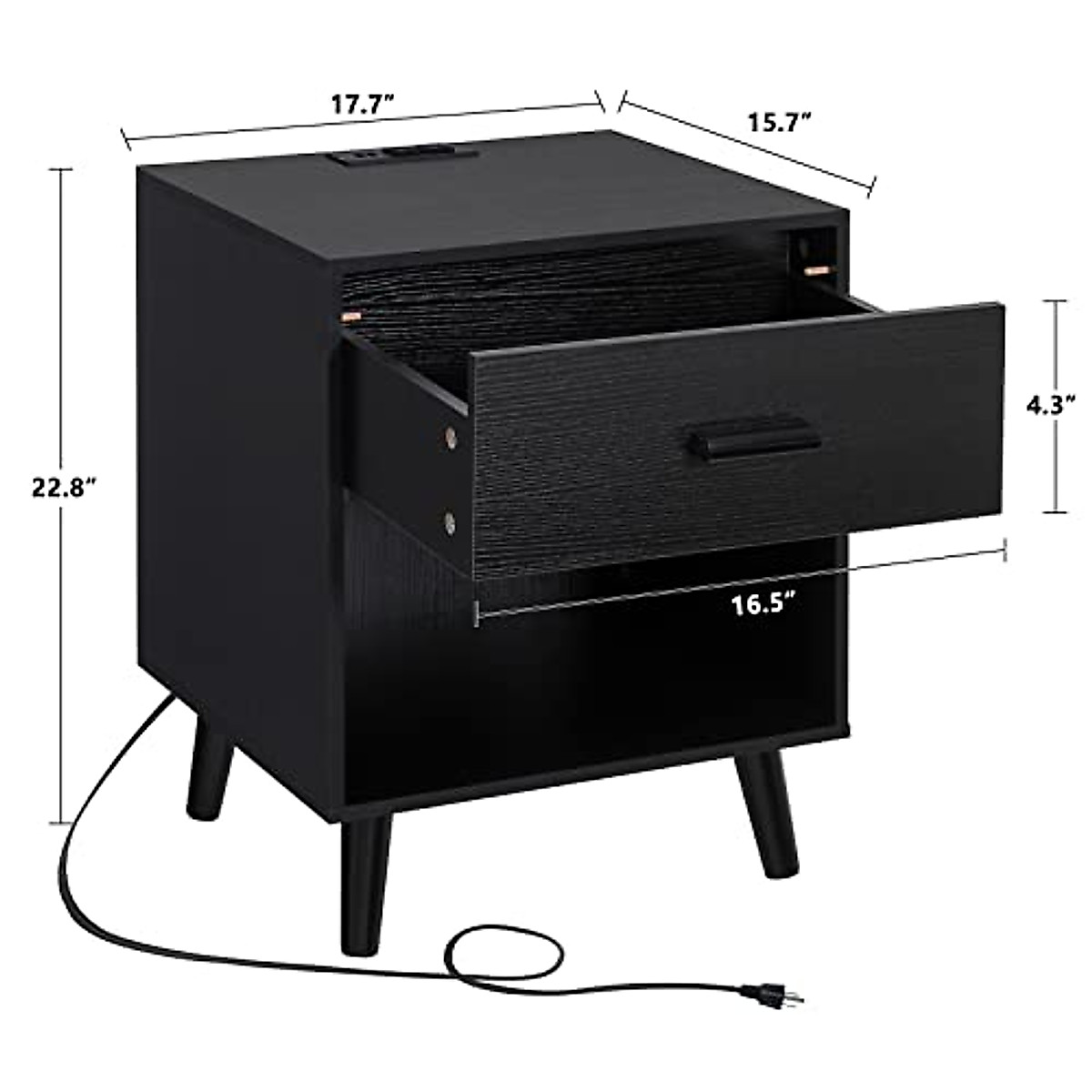 Quimoo Nightstands Set of 2 with Charging Station and LED Lights, End Side Table with 1 Drawer, Modern Nightstand with 1 Open Storage for Bedroom, Black