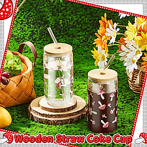 Gejoy Mushroom Glass Cups with Lids and Straws 18 oz Drinking Glasses Cute Iced Coffee Glasses Aesthetic Glass Coffee Cups Cute Tumbler for Mushroom Lovers Women Mom Friend Wife(2 Pcs)