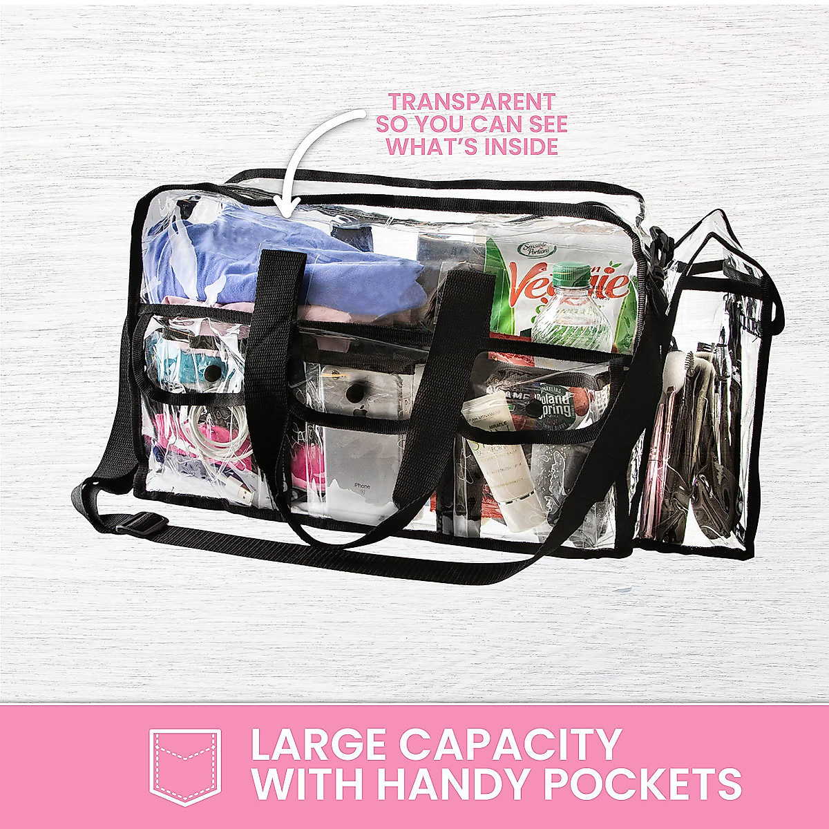 Large Clear Makeup Organizer Bag 17 inch x 9 inch x 10 inch, Cosmetic Bag with Sturdy Zipper and 4 External Pockets for Toiletries Adjustable Strap
