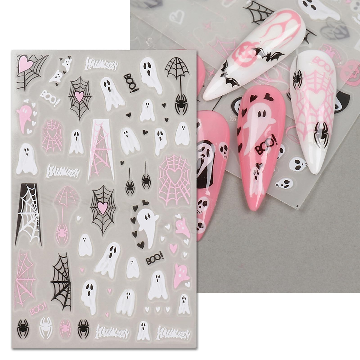 JMEOWIO 9 Sheets Pink Halloween Nail Art Stickers Decals Self-Adhesive Pegatinas Uñas Skull Cute Horror Ghost Witchy Spider Web Bat Pumpkin Nail Supplies Nail Art Design Decoration Accessories