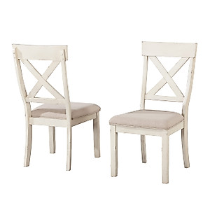 Roundhill Furniture Prato Wood Cross Back Upholstered Dining Chairs, Set of 2, Antique White and Tan